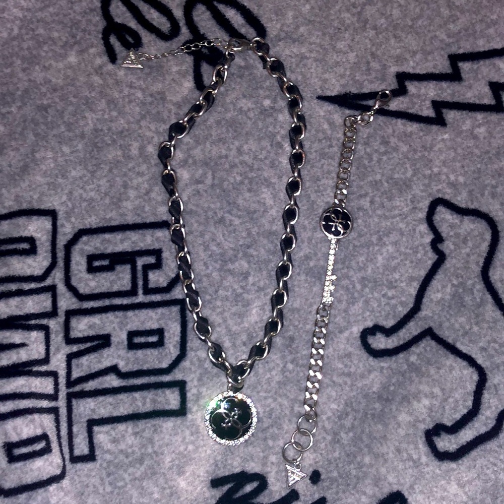 Guess Silver & Black Choker Necklace And Bracelet Set - Gem